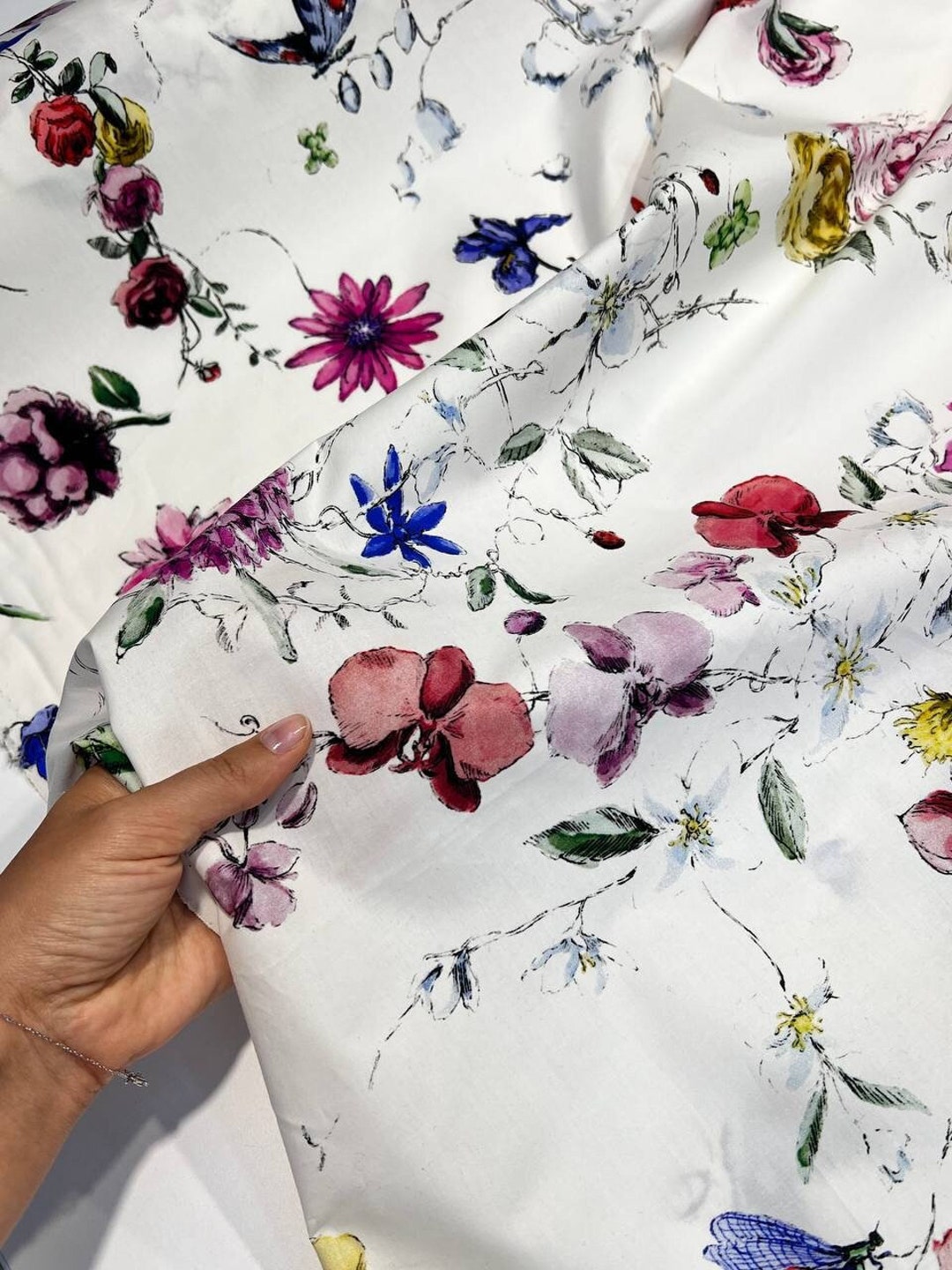Natural Italian Cotton Fabric by the Yard With Bright Floral Print on ...