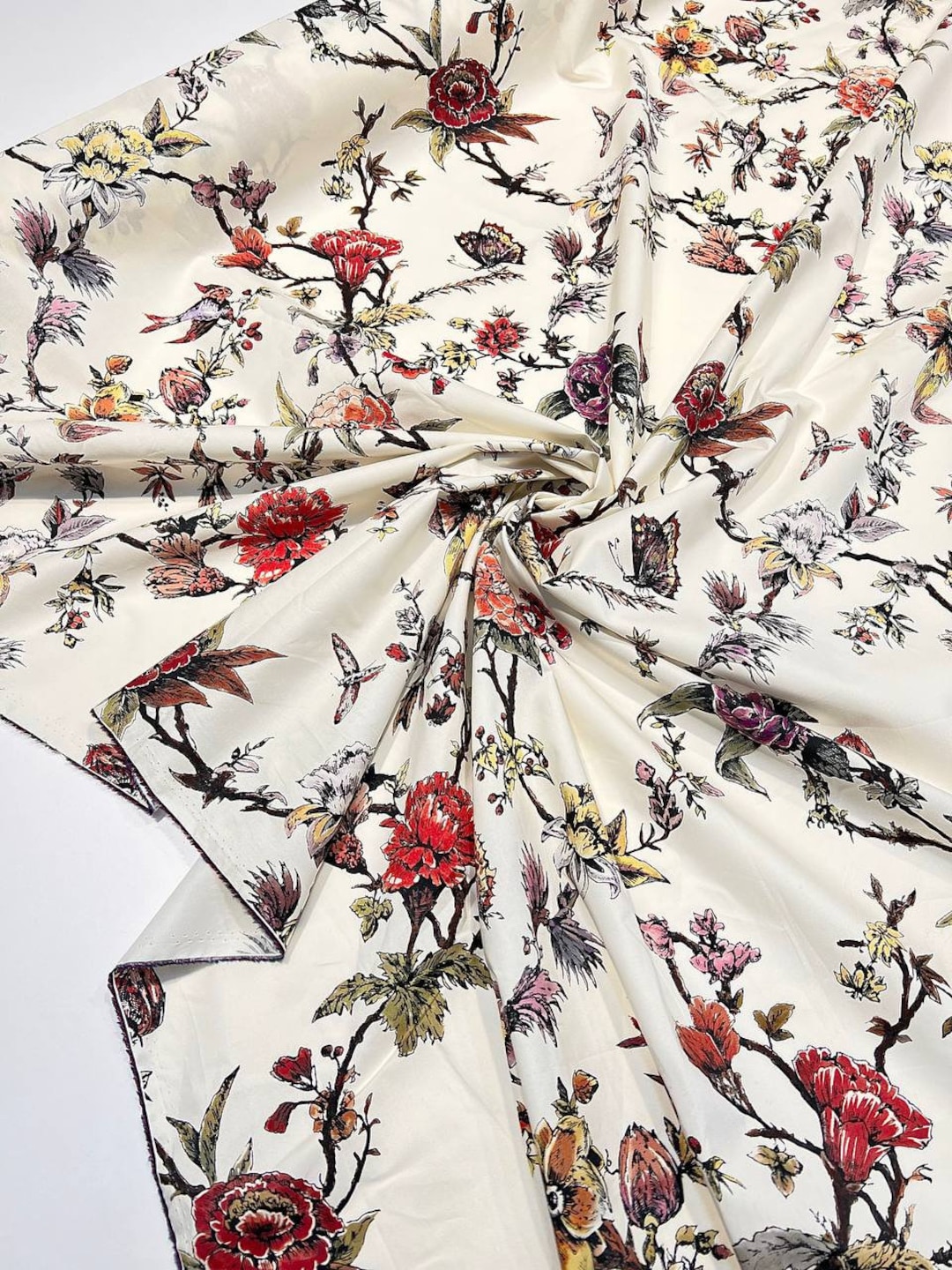 Italian Cotton Fabric by the Yard With Flowers and Birds Print, High ...