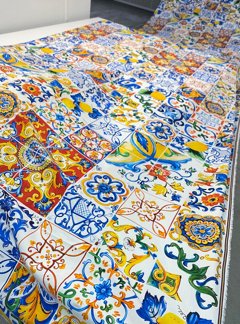 Majolica Fabric With Lemons, Tiles, Sicily Print, Italian Cotton Fabric ...