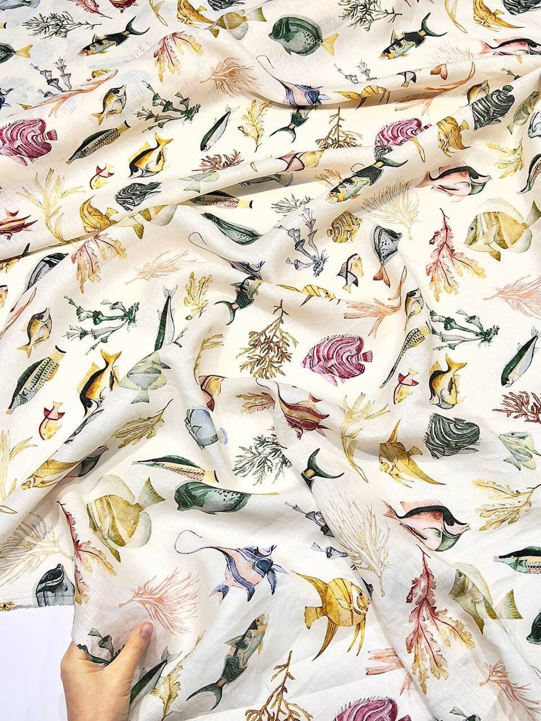 Natural Linen Italian Fabric by the Yard With Sea Print From Cruise ...