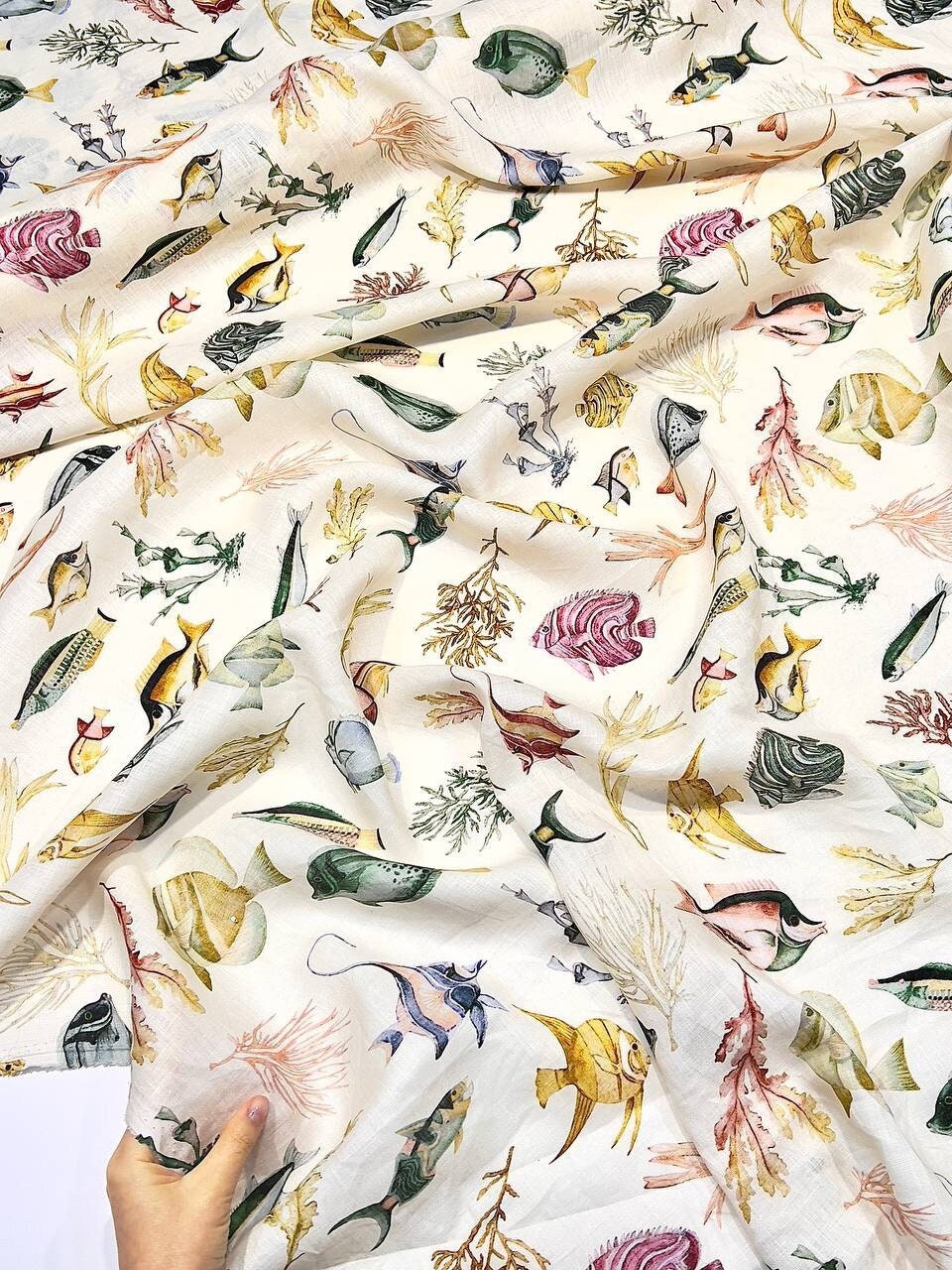 Natural Linen Italian Fabric by the Yard With Sea Print From Cruise ...