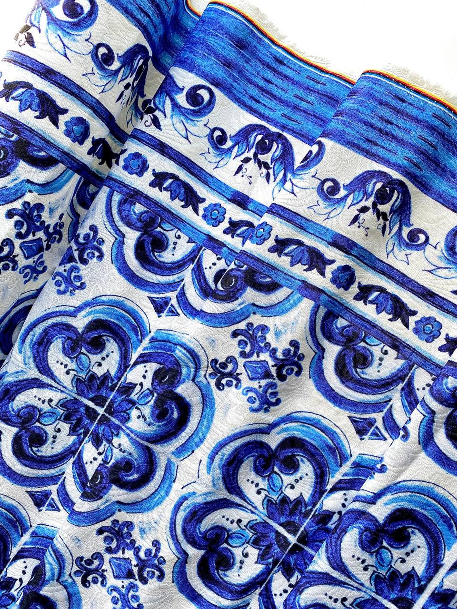 Majolica Print Jacquard Fabric by the Yard Blue Tile Pattern - Etsy