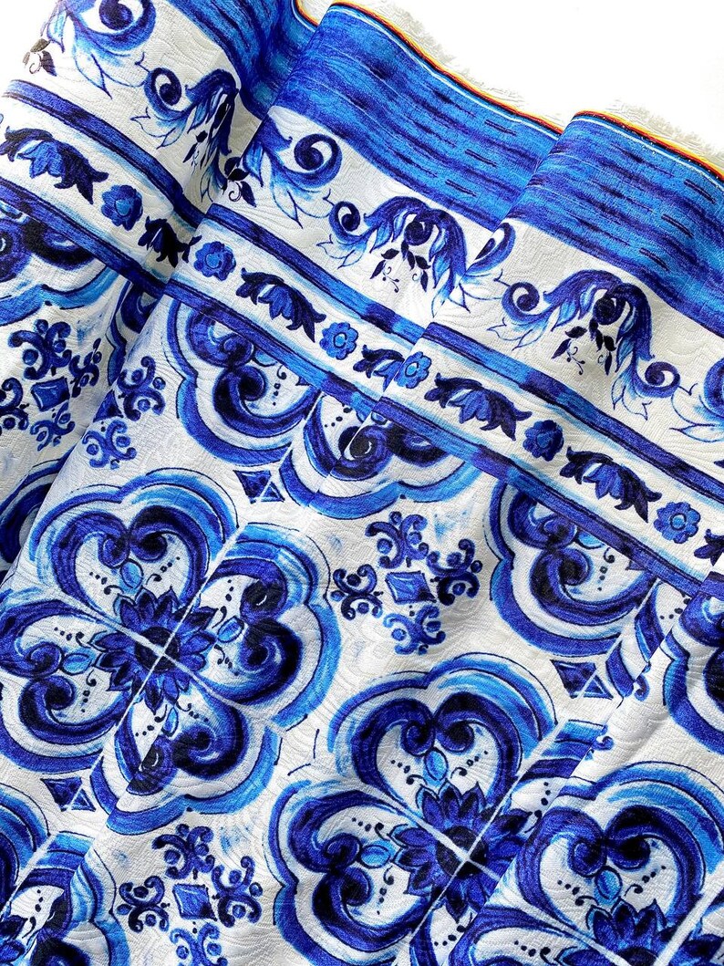 Majolica Print Jacquard Fabric by the Yard Blue Tile Pattern - Etsy
