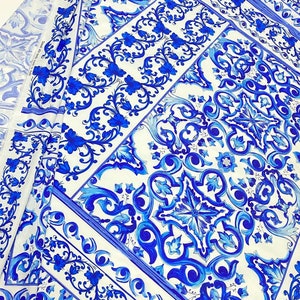 Majolica Print Italian Cotton Fabric, Sicilian Print Fabric, Blue Tile ...
