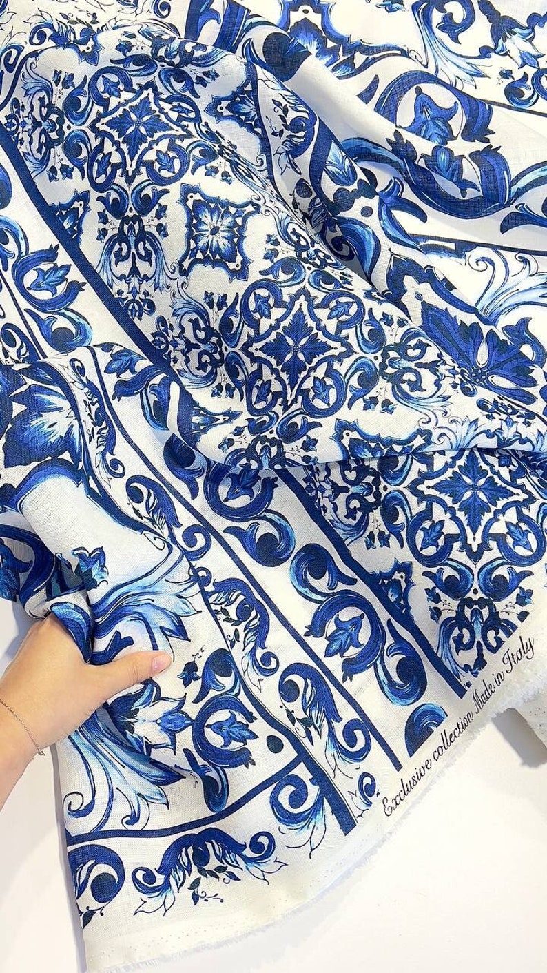 Blue and White Linen Majolica Print Fabric, Italian Sicilian Tile Print ...