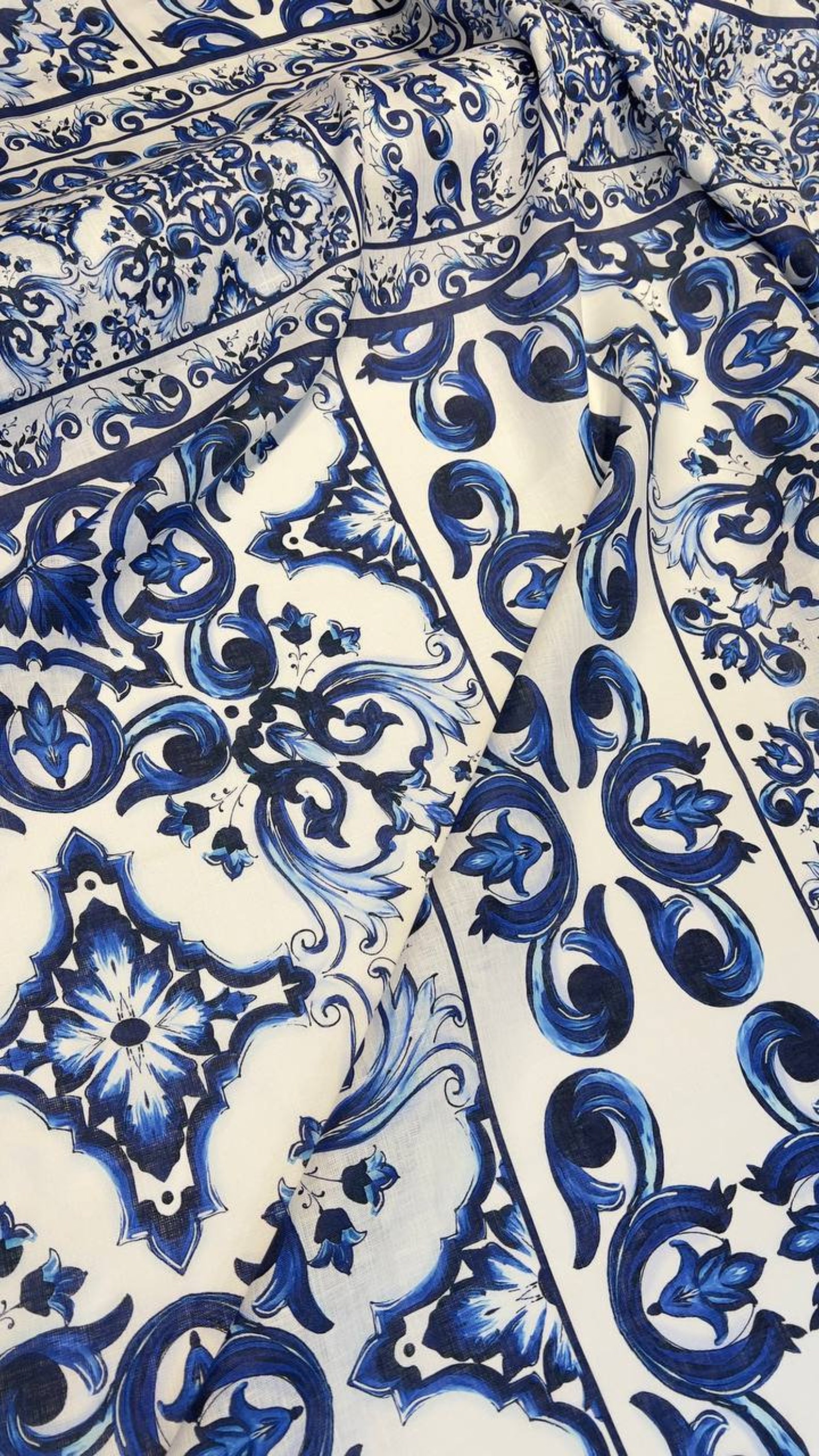 Blue and White Linen Majolica Print Fabric, Italian Sicilian Tile Print ...
