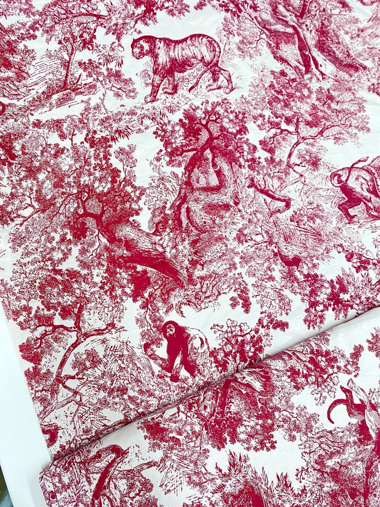Toile De Jouy Red Fabric by the Yard With Animal Print, Italian Apparel ...