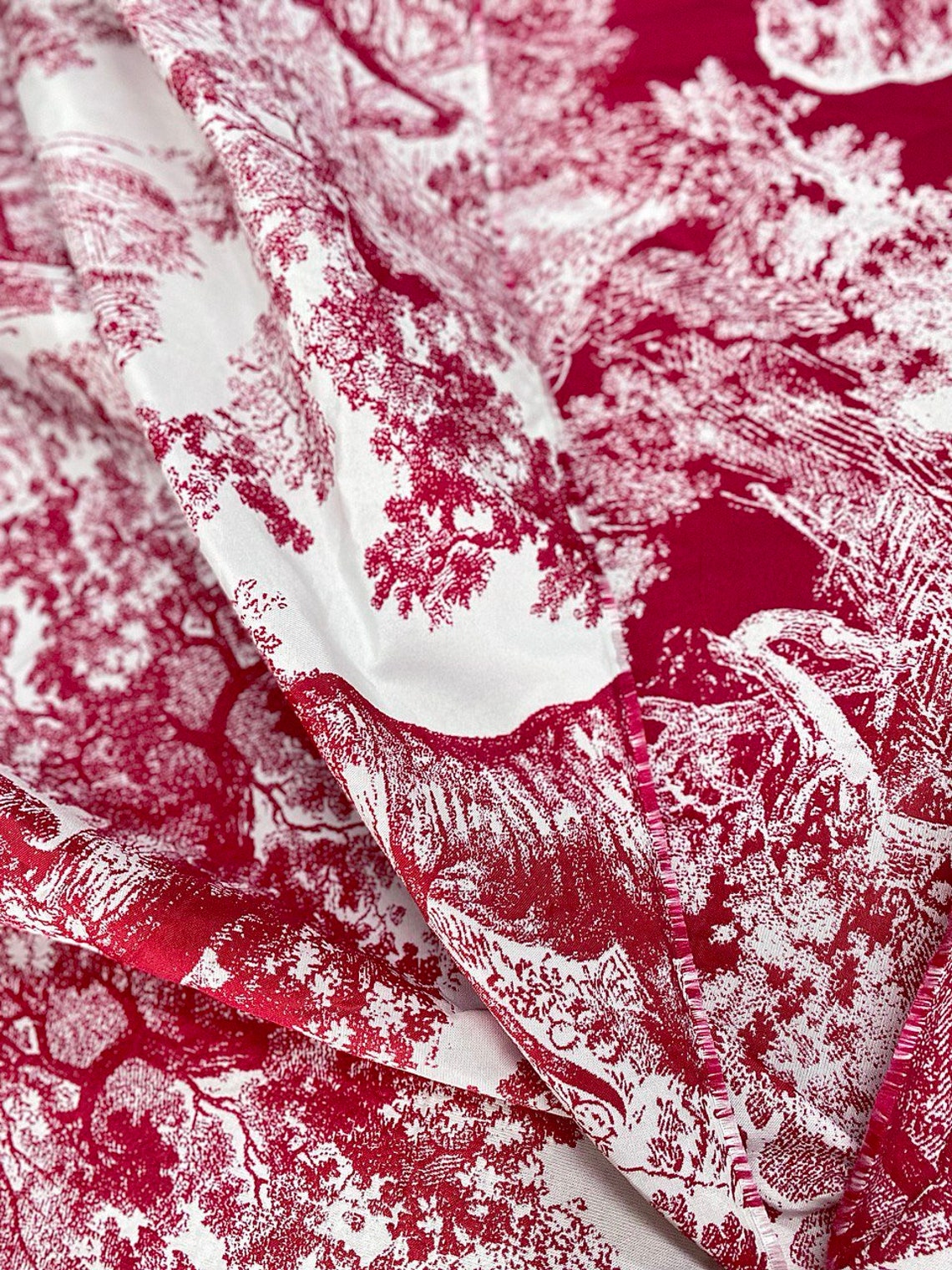 Toile De Jouy Red Fabric by the Yard With Animal Print, Italian Apparel ...