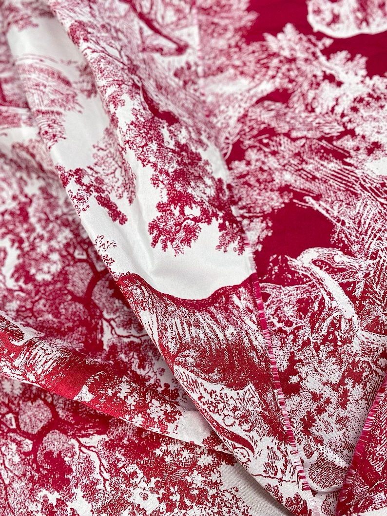 Toile De Jouy Red Fabric by the Yard With Animal Print - Etsy