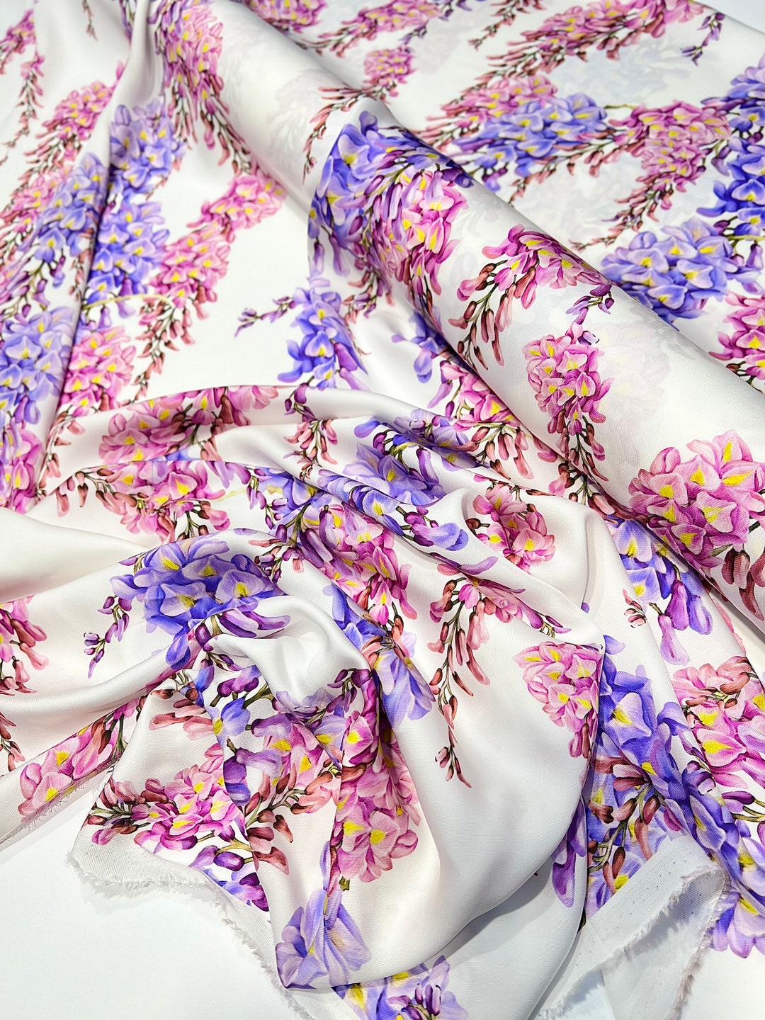 Wisteria Print Italian Crepe Fabric by the Yard With Floral Print ...