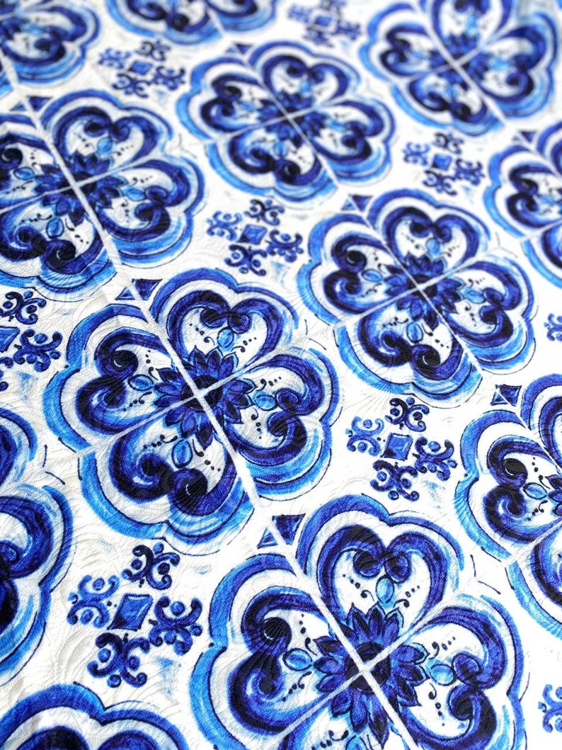 Majolica Print Jacquard Fabric by the Yard Blue Tile Pattern - Etsy