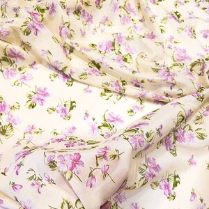 White Cotton Batiste Fabric by the Yard With Purple Flowers Print ...