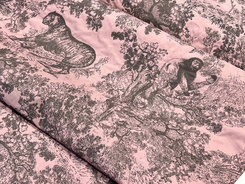 Toile De Jouy Red Fabric by the Yard With Animal Print, Italian Apparel ...