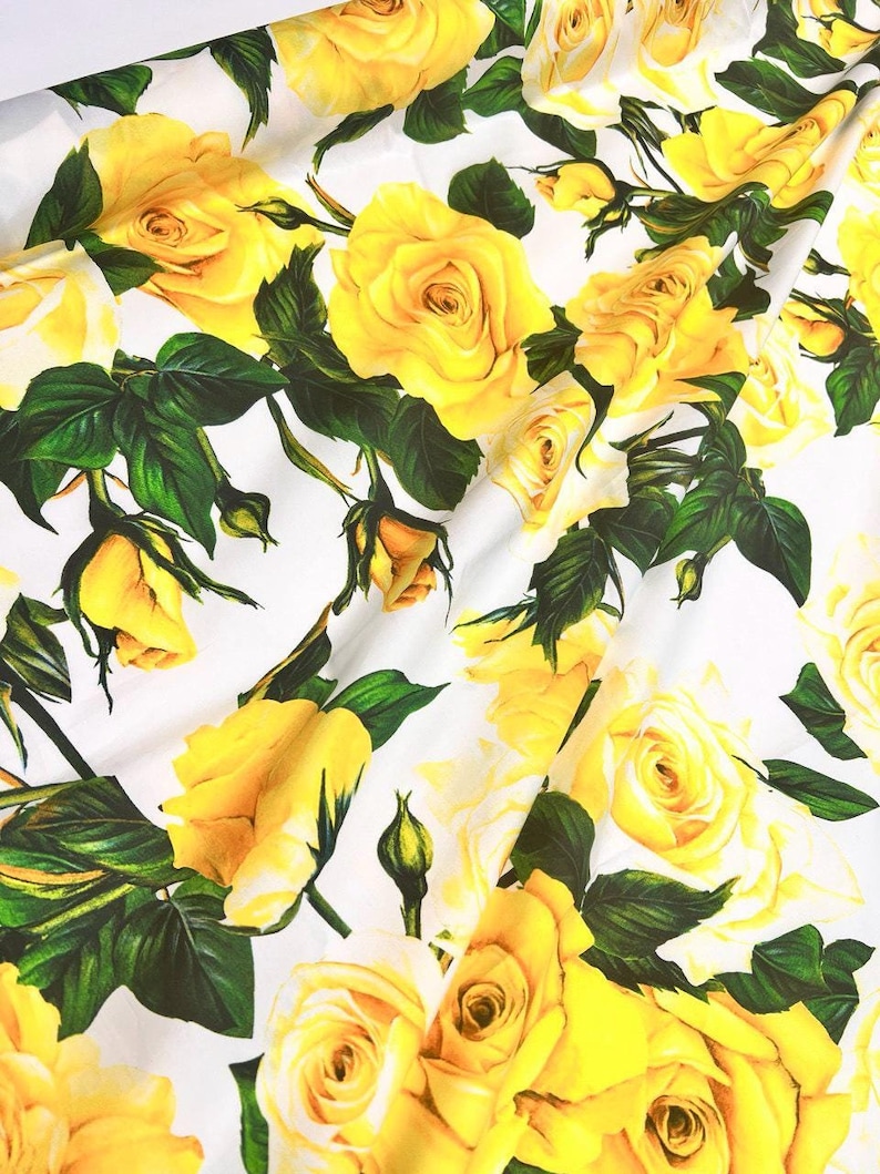 Cotton Fabric by the Yard With Bright Yellow Roses Print, Italian ...