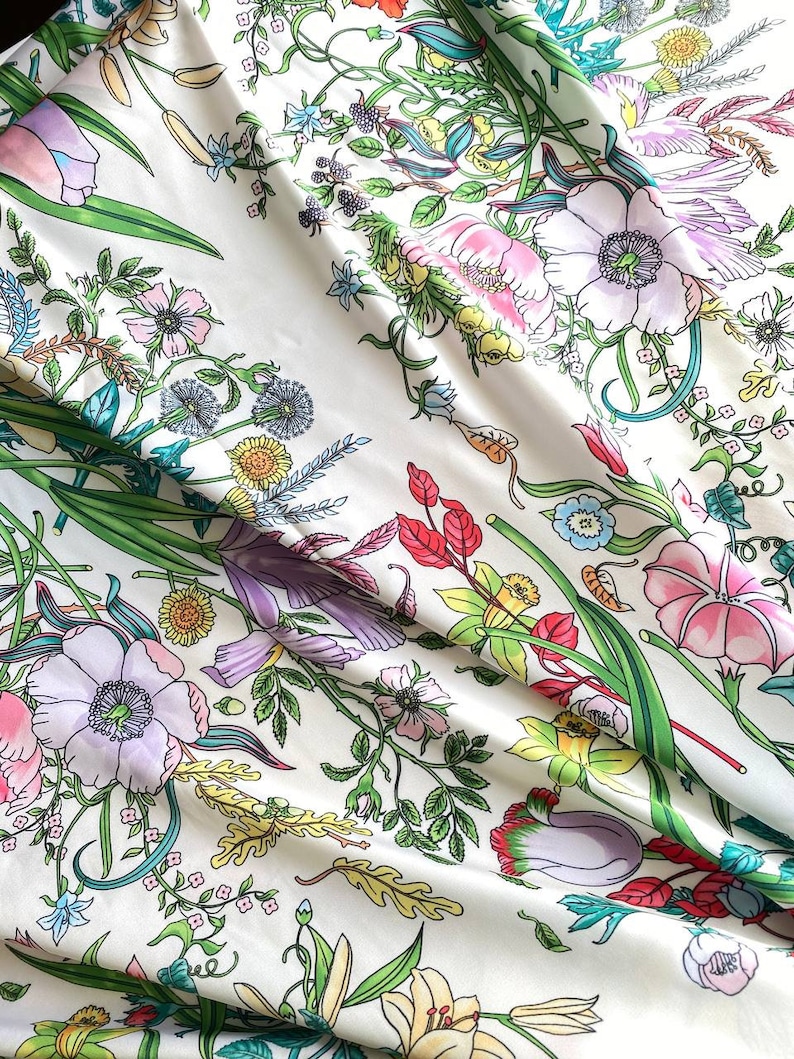 Italian Silk Fabric by the Yard With Delicate Floral Print, Fabric With ...