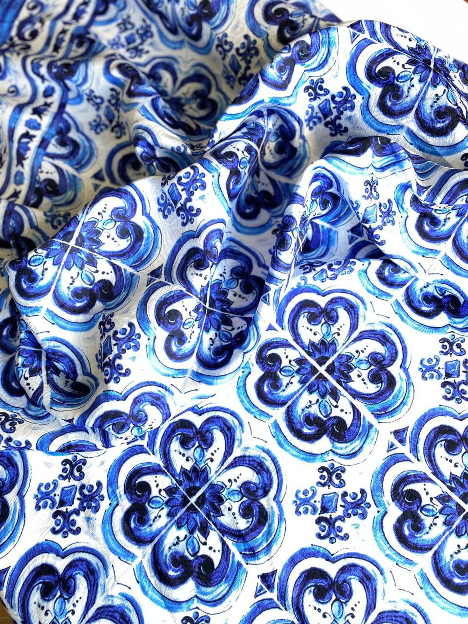 Majolica Print Jacquard Fabric by the Yard Blue Tile Pattern - Etsy
