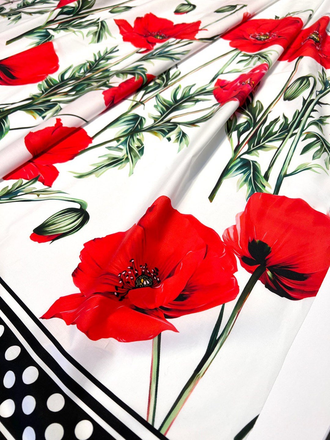 Italian Cotton Fabric With Red Poppies by the Yard, Flowers Print ...