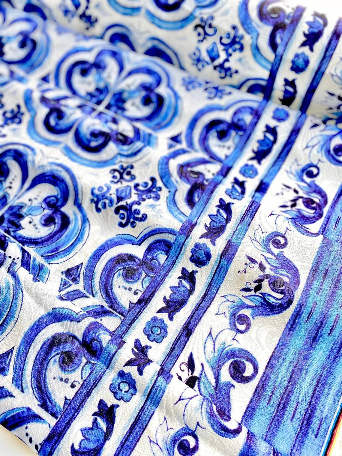 Majolica Print Jacquard Fabric by the Yard Blue Tile Pattern - Etsy