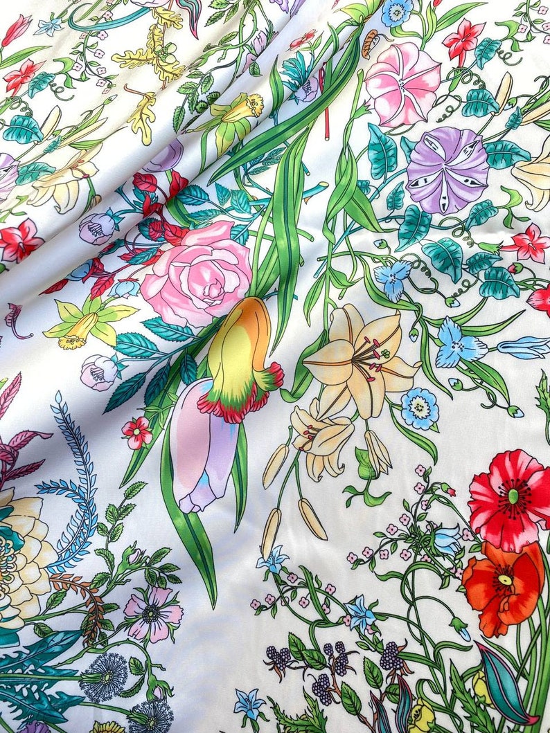 Italian Silk Fabric by the Yard With Delicate Floral Print, Fabric With ...