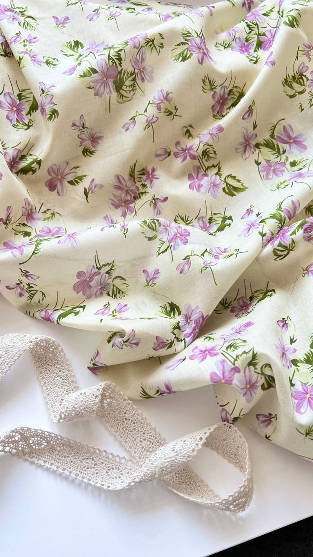 White Cotton Batiste Fabric by the Yard With Purple Flowers Print ...