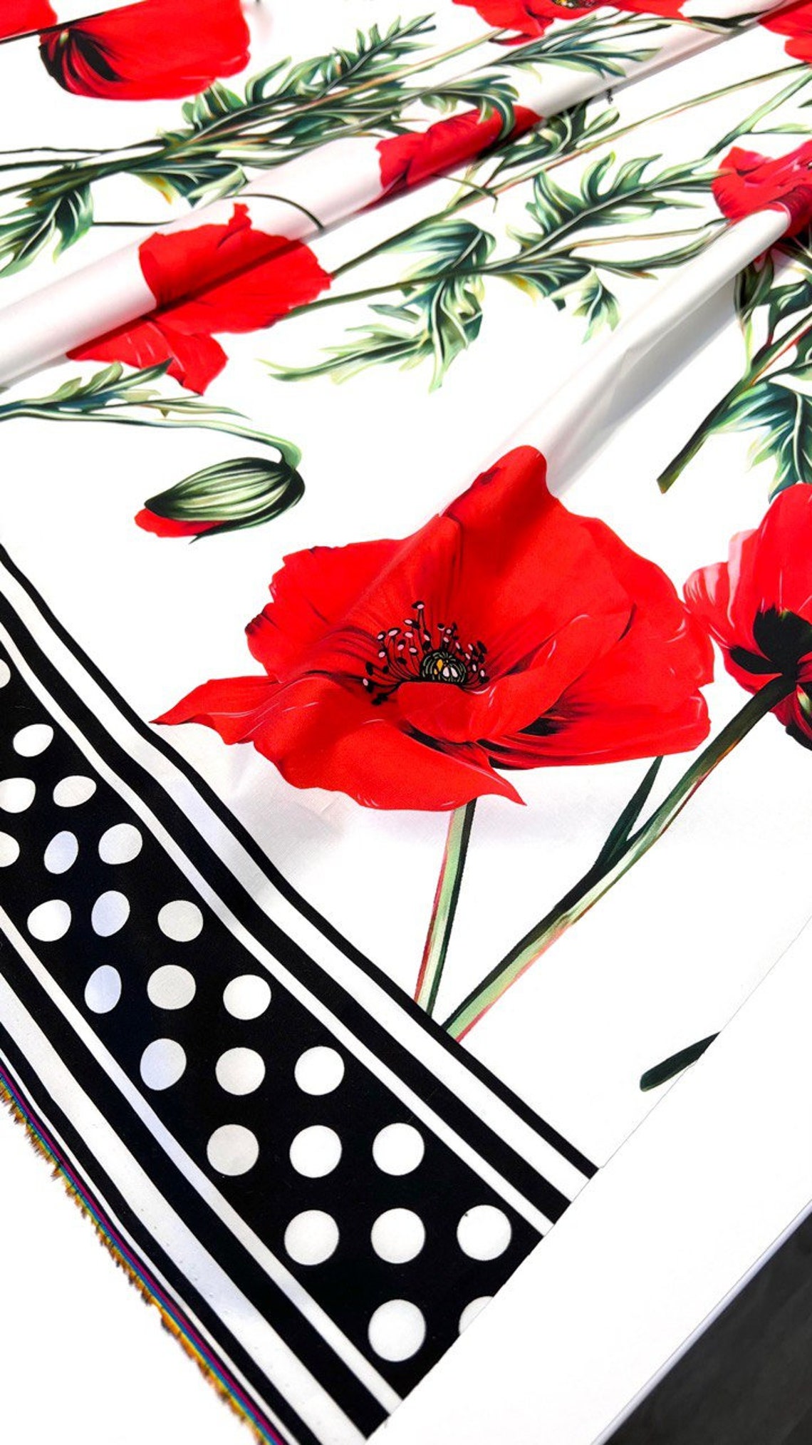 Italian Cotton Fabric With Red Poppies by the Yard, Flowers Print ...