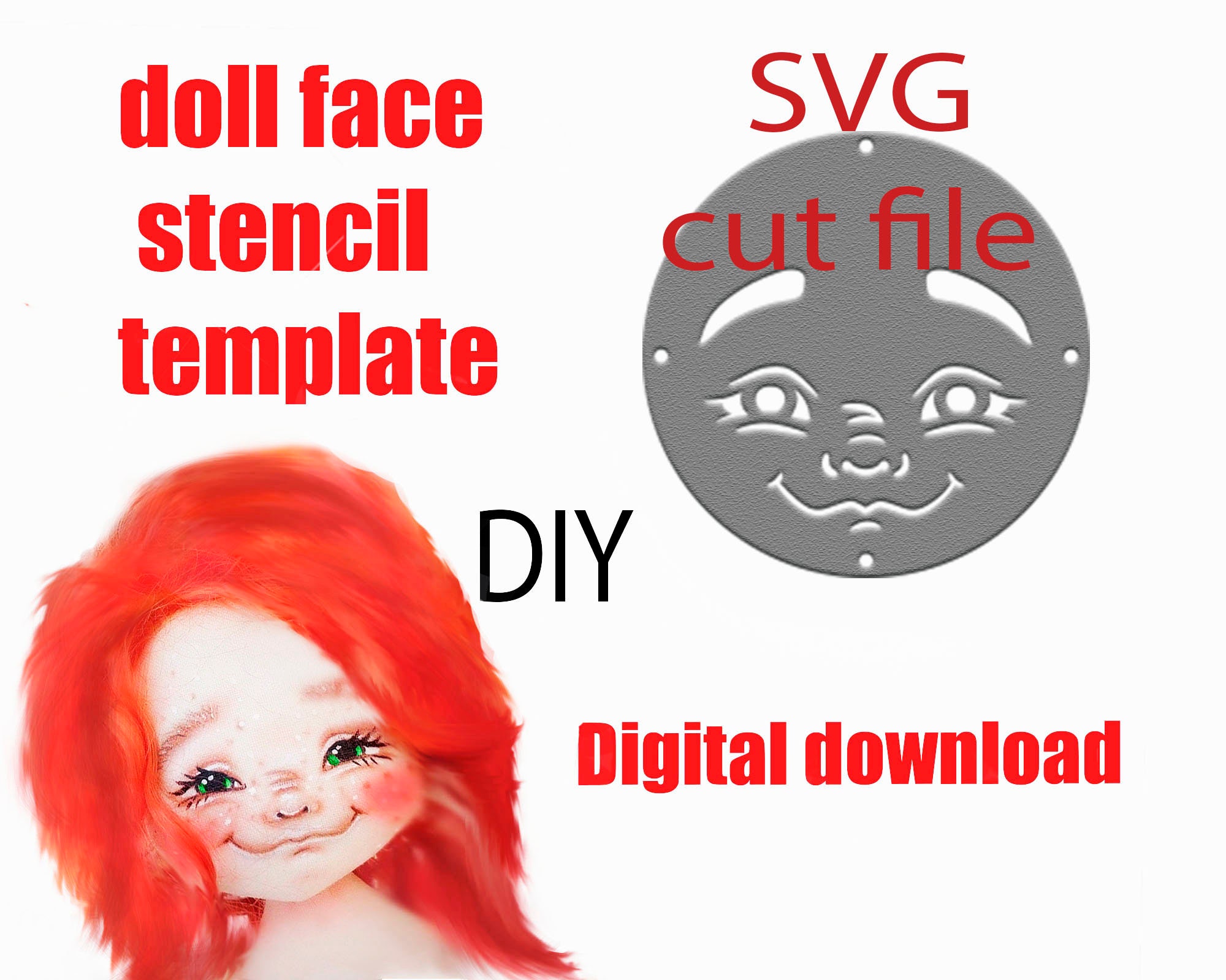 DIY Rag Doll Face Stencil for Painting or Hand Embroidery Template SVG ...