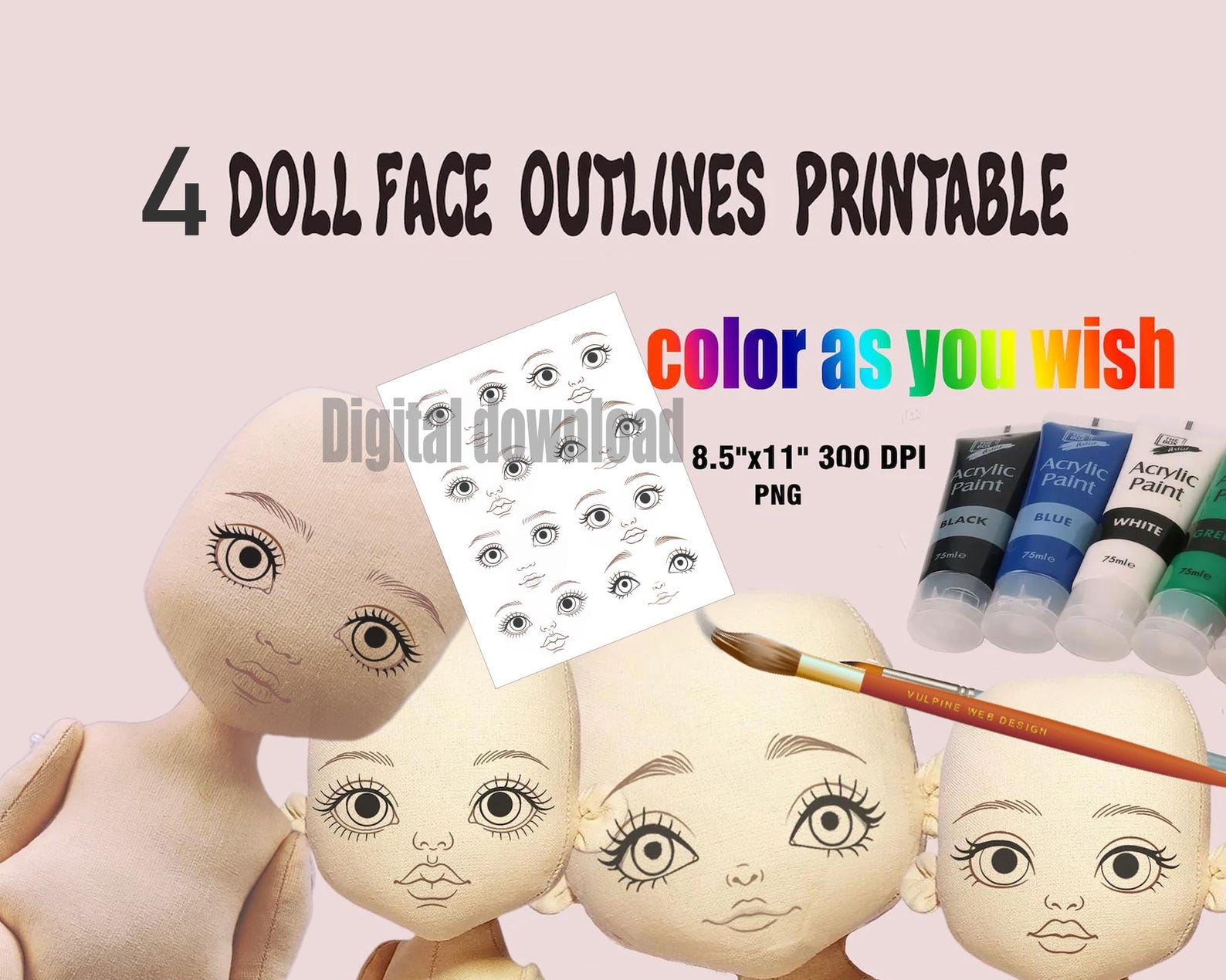 Doll Face Outlines Printable Iron-on Transfer Rosto De Boneca - Etsy