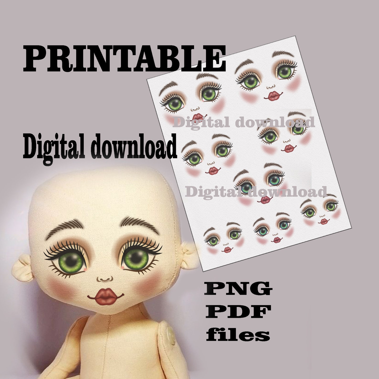 Doll Face Printable for Iron-on Transfer Doll Eyes Clipart Digital ...