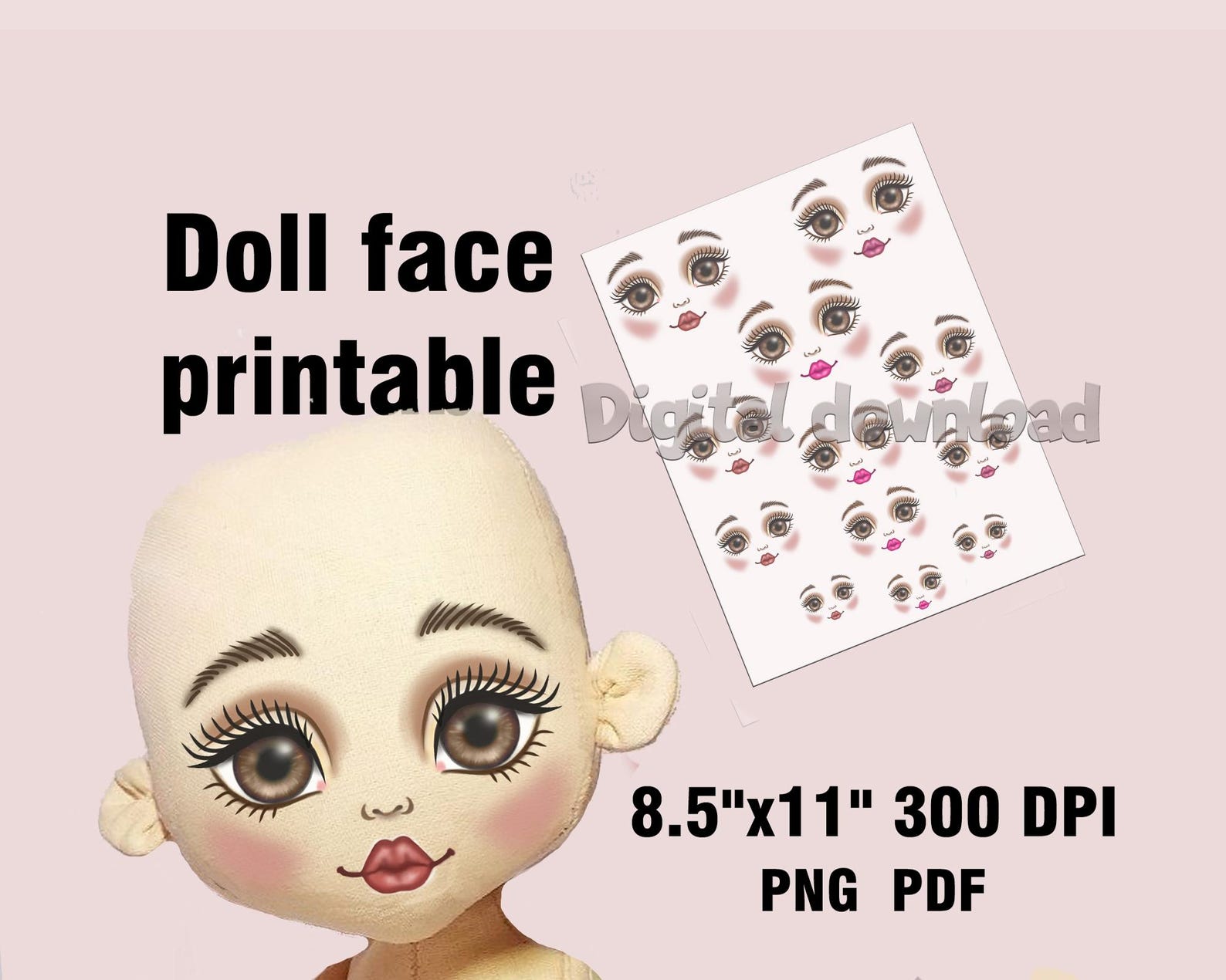 Doll Face Print for Iron-on Transfer, Brown Eyes Clipart (PNG, PDF) - Etsy
