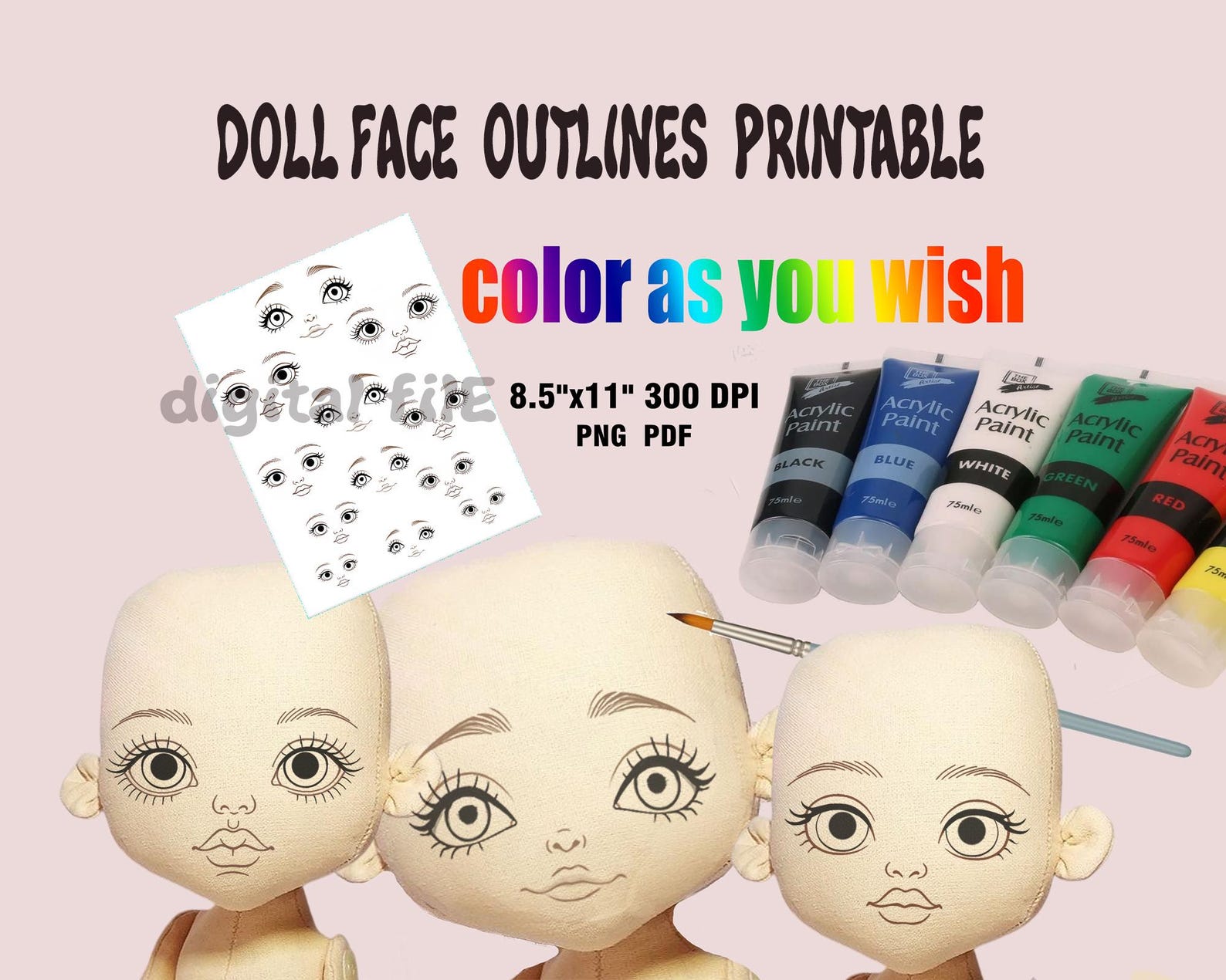 Doll Face Printable: Iron-on Transfer & Coloring Page (PNG, PDF) - Etsy