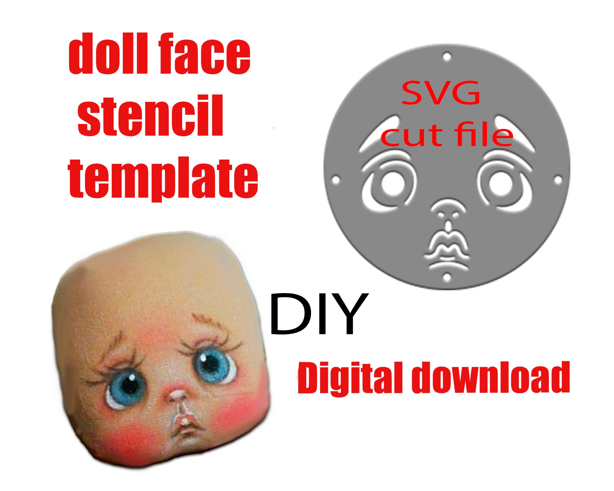 Baby Doll Face Stencil Template SVG PNG for Painting Doll Eyes, Lips ...