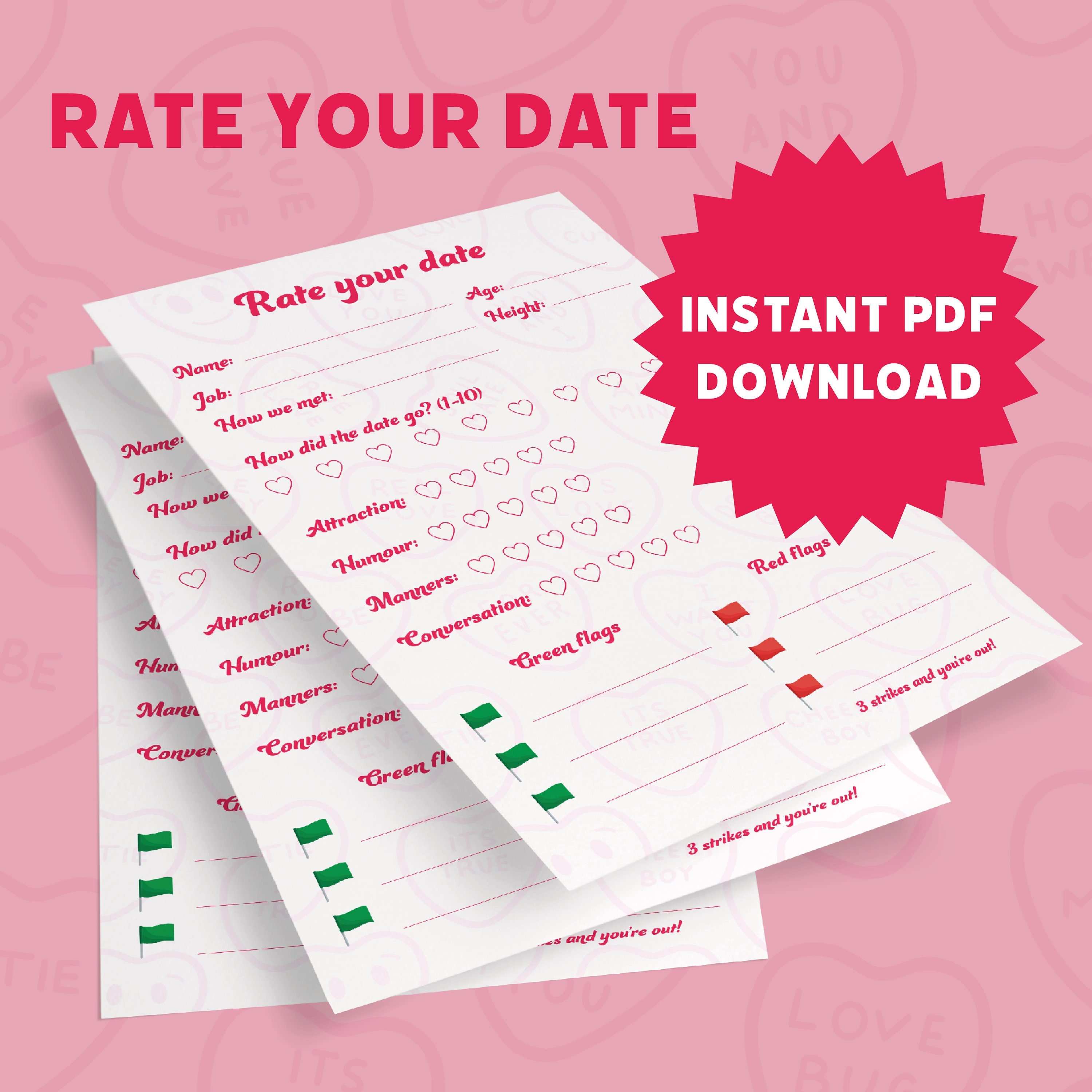 Rate My Date Evaluation Form - Printable Dating Journal - PDF Instant Download - Etsy