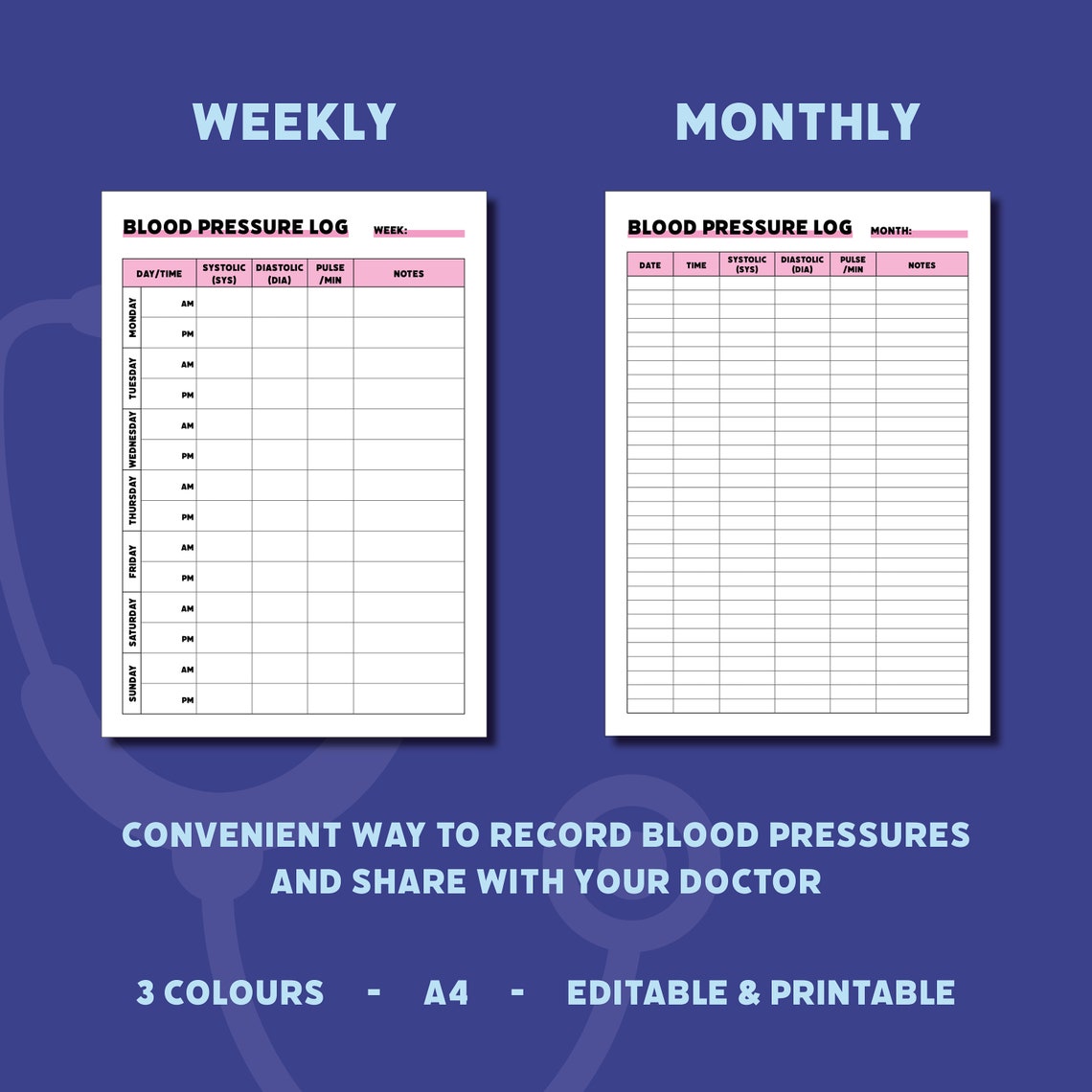 Blood Pressure Log Printable | High Blood Pressure Tracker Template ...
