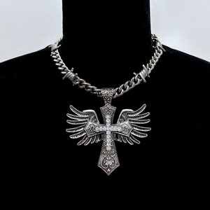 FALLEN ANGEL Stainless Steel Barbed Wire Winged Angel Cross Necklace ...