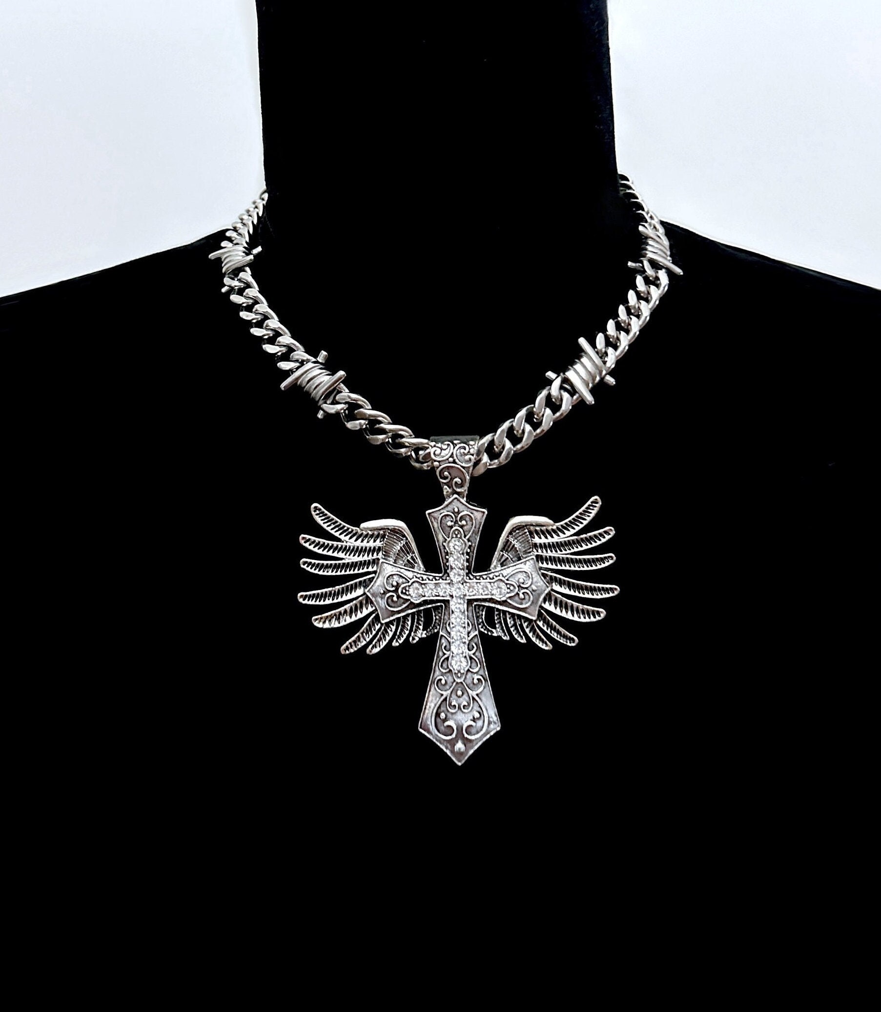 FALLEN ANGEL Stainless Steel Barbed Wire Winged Angel Cross Necklace ...