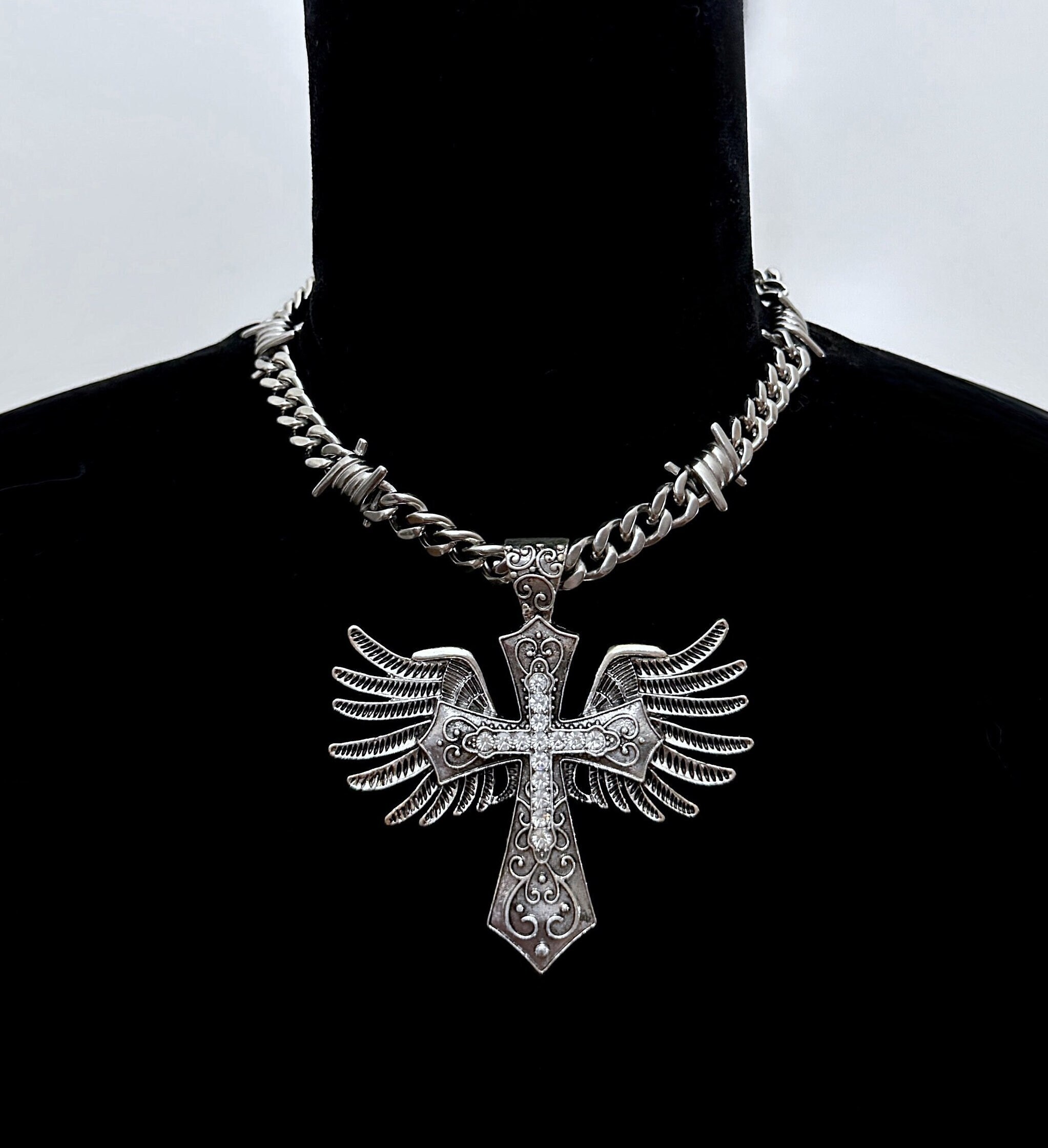 FALLEN ANGEL Stainless Steel Barbed Wire Winged Angel Cross Necklace ...