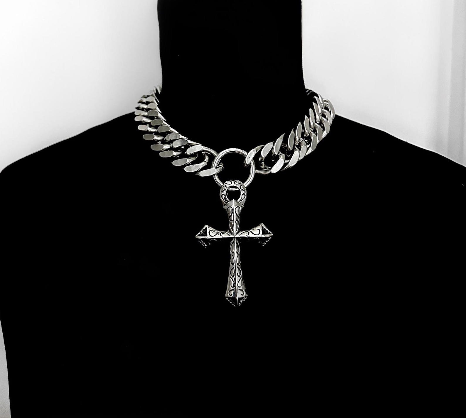 SENT FROM HEAVEN - Stainless Steel Cross Necklace, Chunky Curb Chain ...