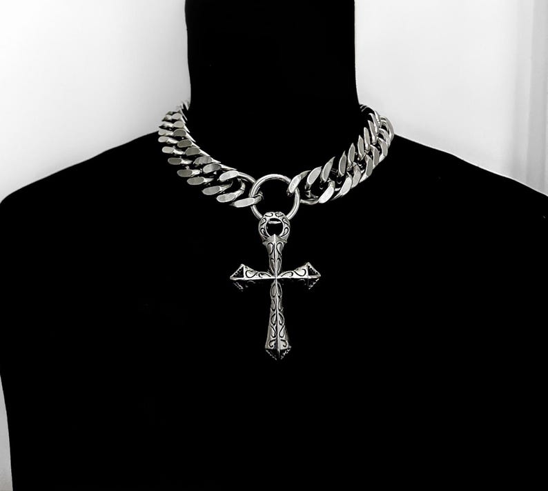 SENT FROM HEAVEN - Stainless Steel Cross Necklace, Chunky Curb Chain ...