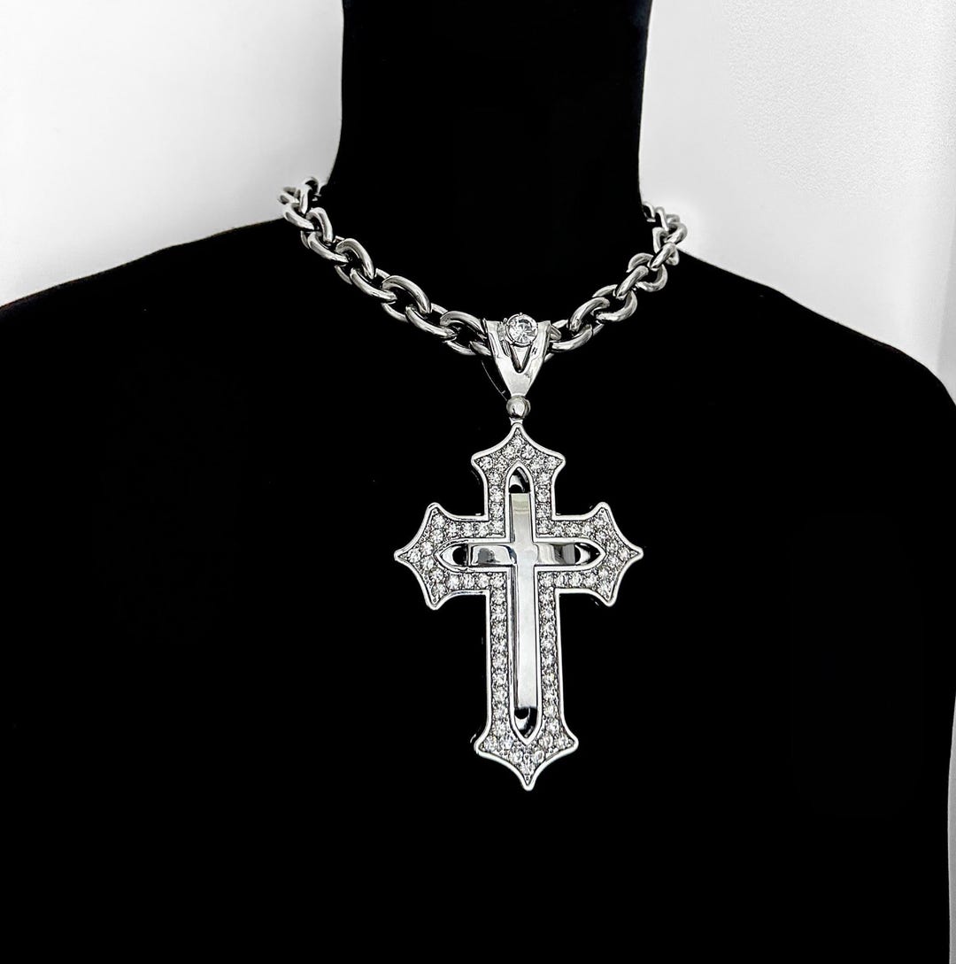 Blinged Out Cross – Silver Stainless Steel Gothic Cross Necklace | CZ ...