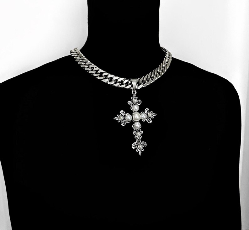Pearl Gothic Cross Necklace – Y2K Stainless Steel Chunky Chain - Etsy
