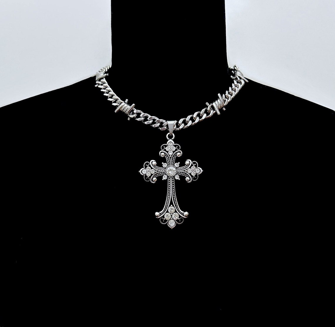 Barbed Wire Cross Necklace - Stainless Steel Cuban Chain, Goth Punk Y2K ...