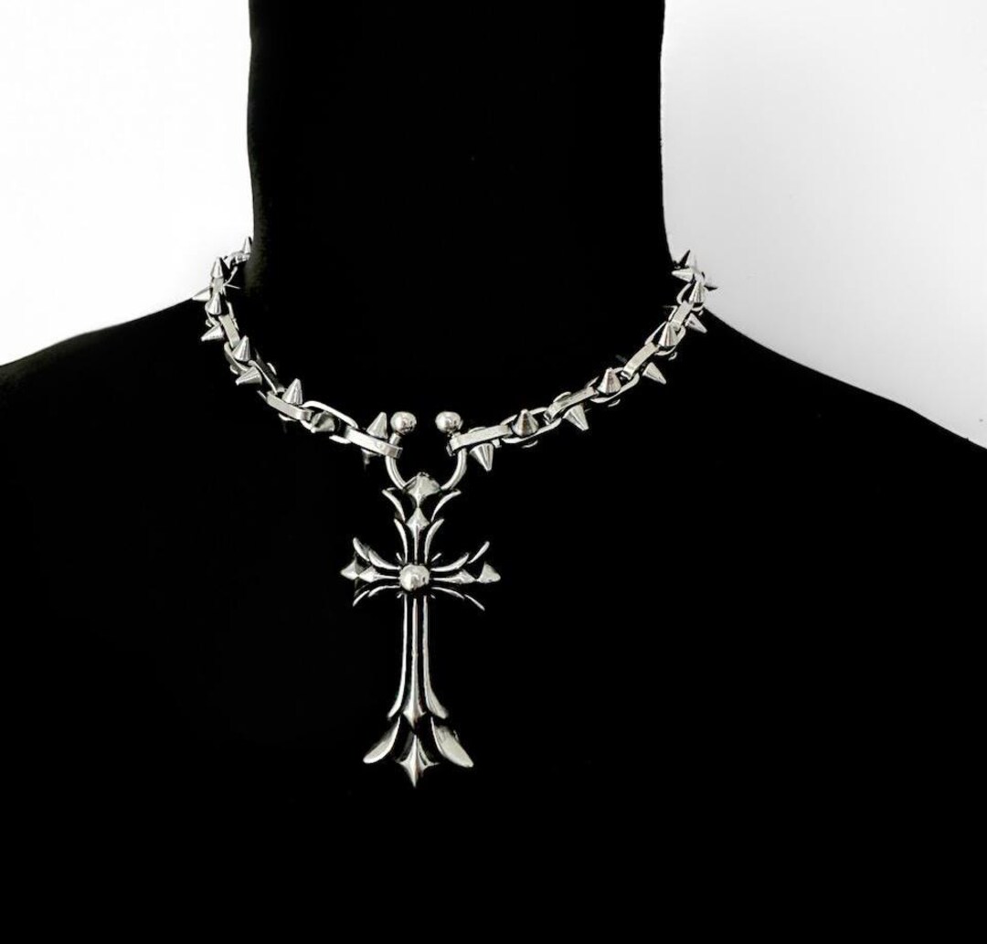 SPIKED CROSS Stainless Steel Barbed Wire Cross Necklace Gothic Cross ...