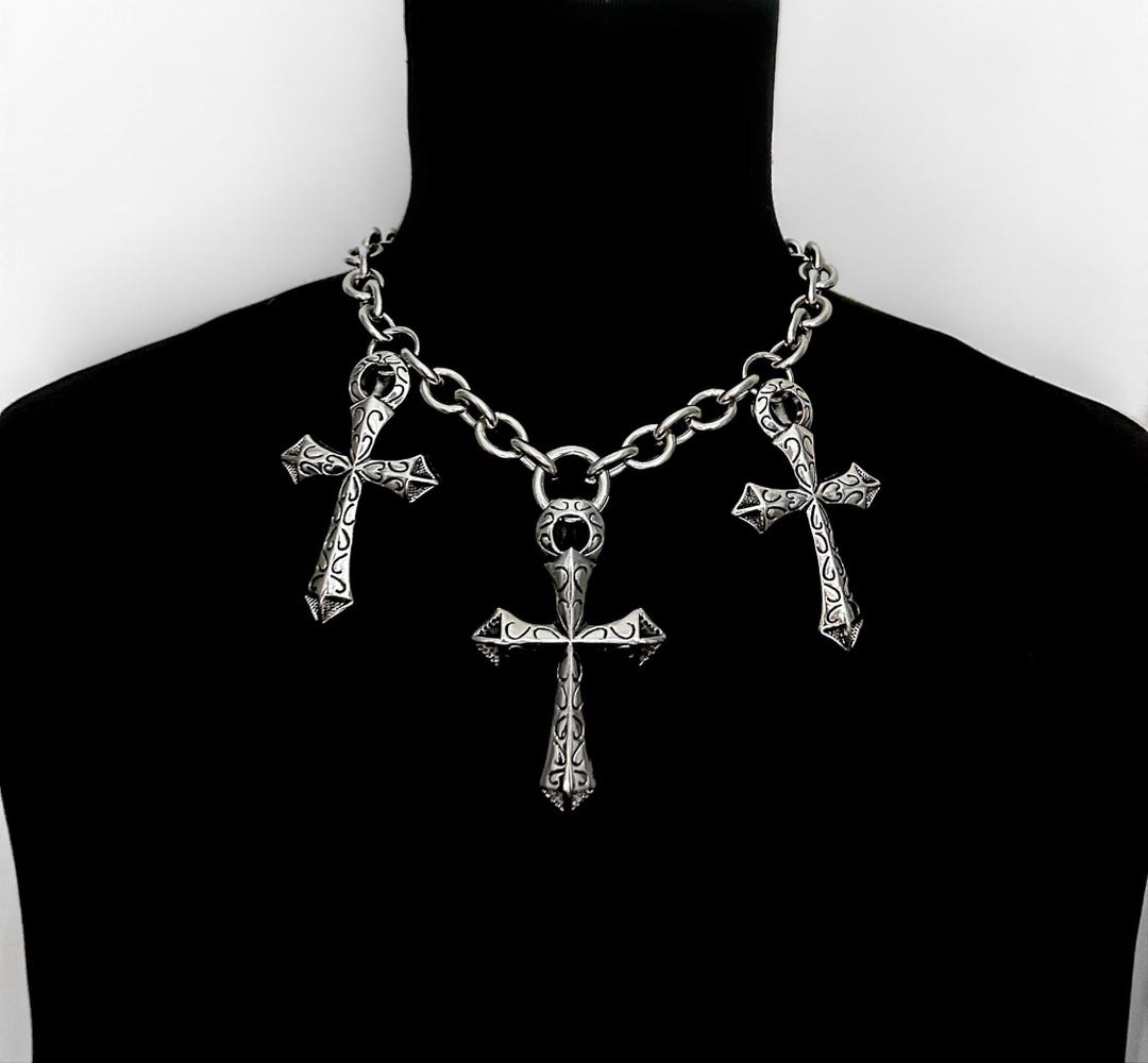 TRIPLE DAGGER CROSS – Chunky Stainless Steel Cross Pendant Necklace ...