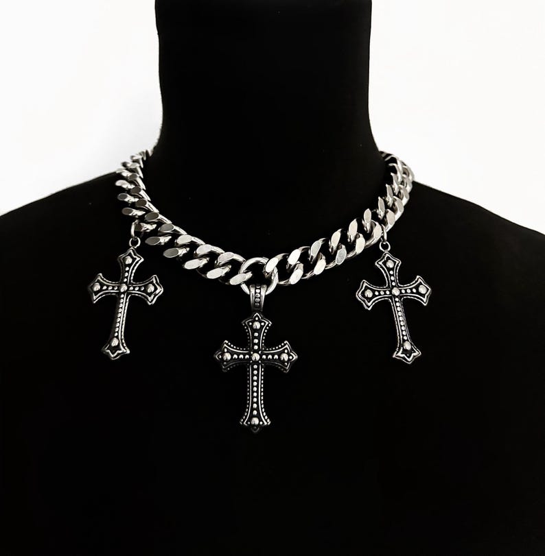Tri-cross Chunky Cuban Chain – Stainless Steel Gothic Cross Necklace ...