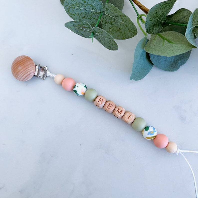 Customizable Personalized Pacifier Clip in Pink Neutral Sage - Etsy