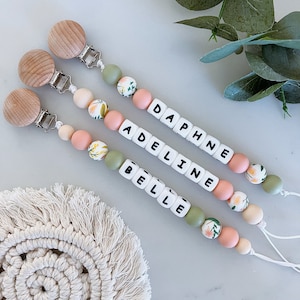 Customizable Personalized Pacifier Clip in Pink Neutral Sage Flower ...