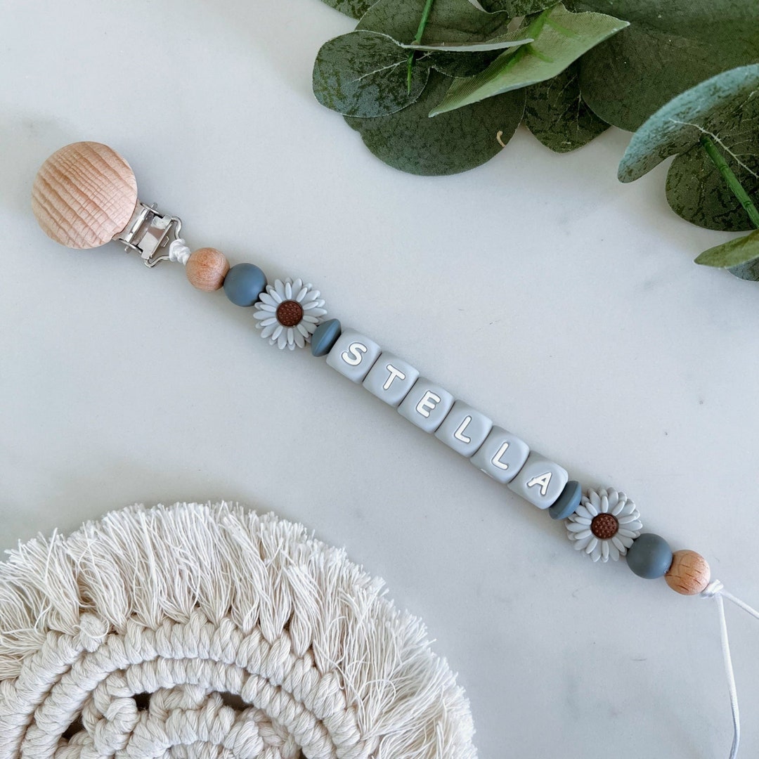 Customizable Personalized Pacifier Clip in Natural Daisy and Grey Blue ...