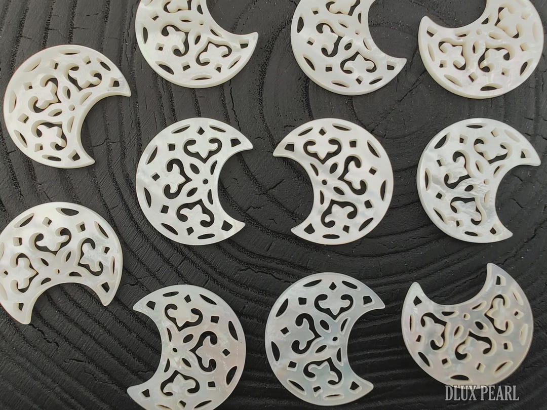 Filigree Moon Beads White Mother of Pearl Hand Carved Pendants Fir DIY ...