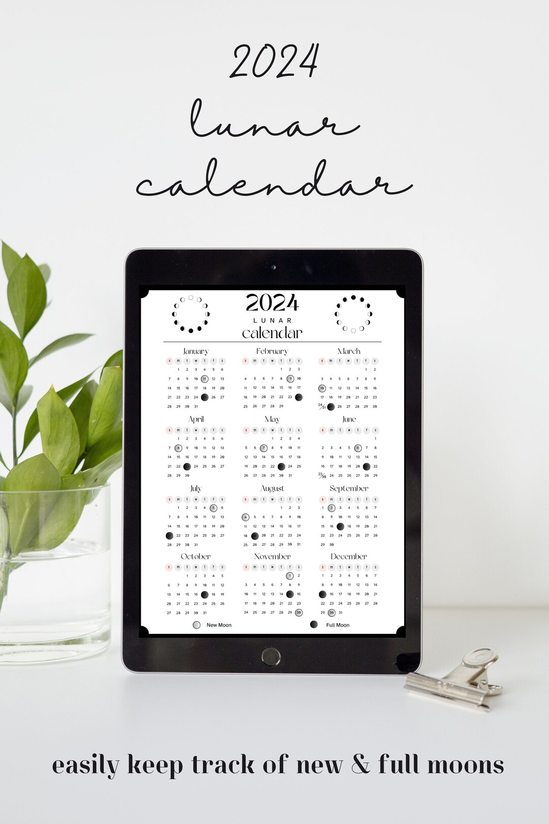 2024 Lunar Calendar Printable - Minimalist Moon Phase Tracker ...