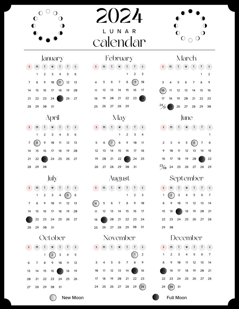 2024 Lunar Calendar Printable - Minimalist Moon Phase Tracker ...